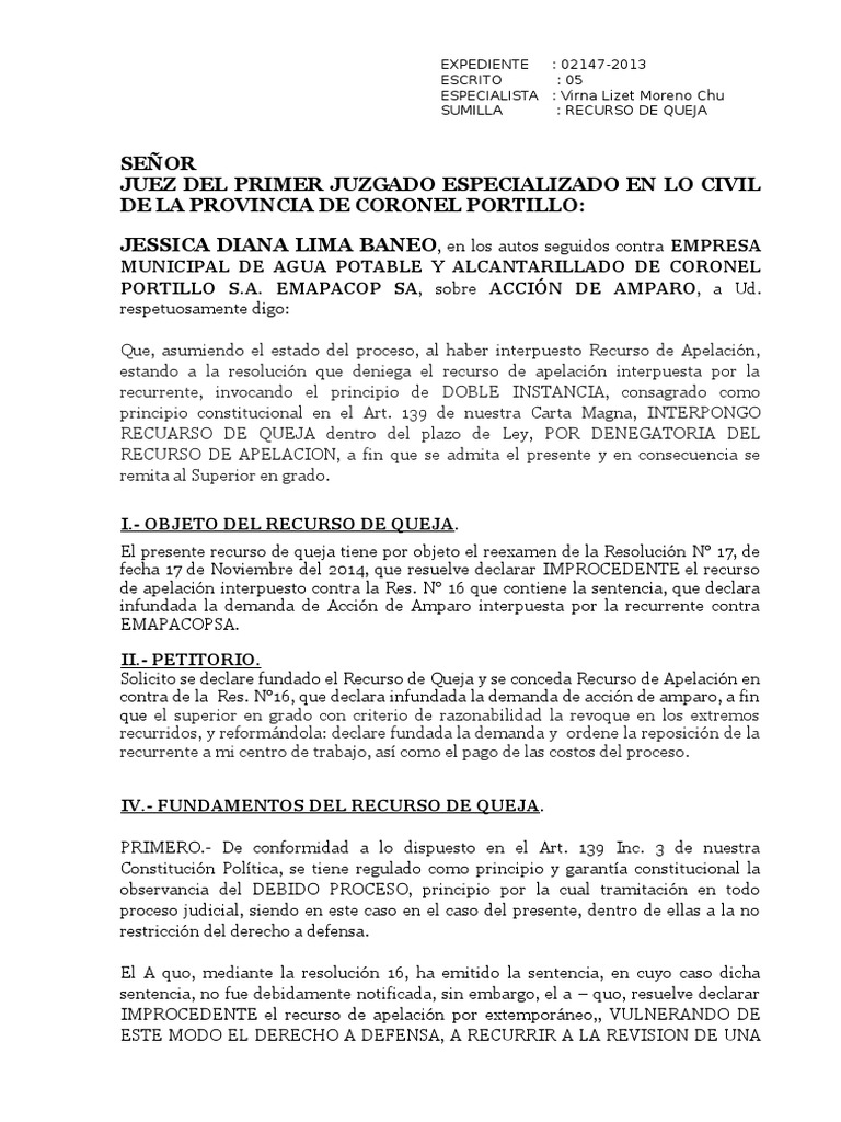 Recurso de Queja. | Ley procesal | Demanda judicial