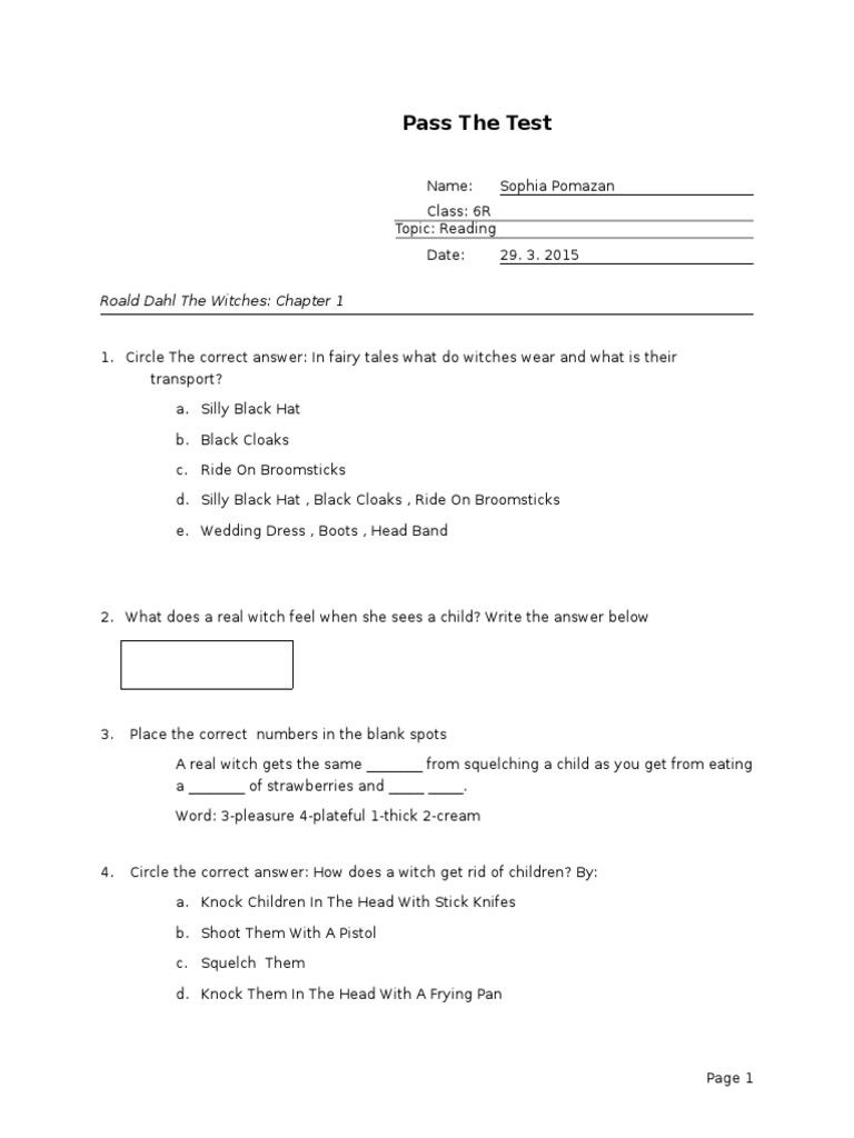 Pass The Test: Roald Dahl The Witches: Chapter 1 | PDF | Career ...