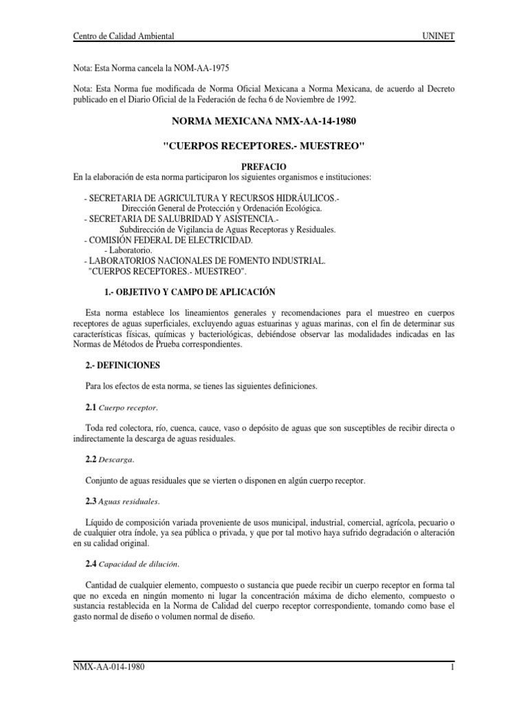 NMX Aa 014 1980 | PDF | Muestreo (Estadísticas) | Laboratorios