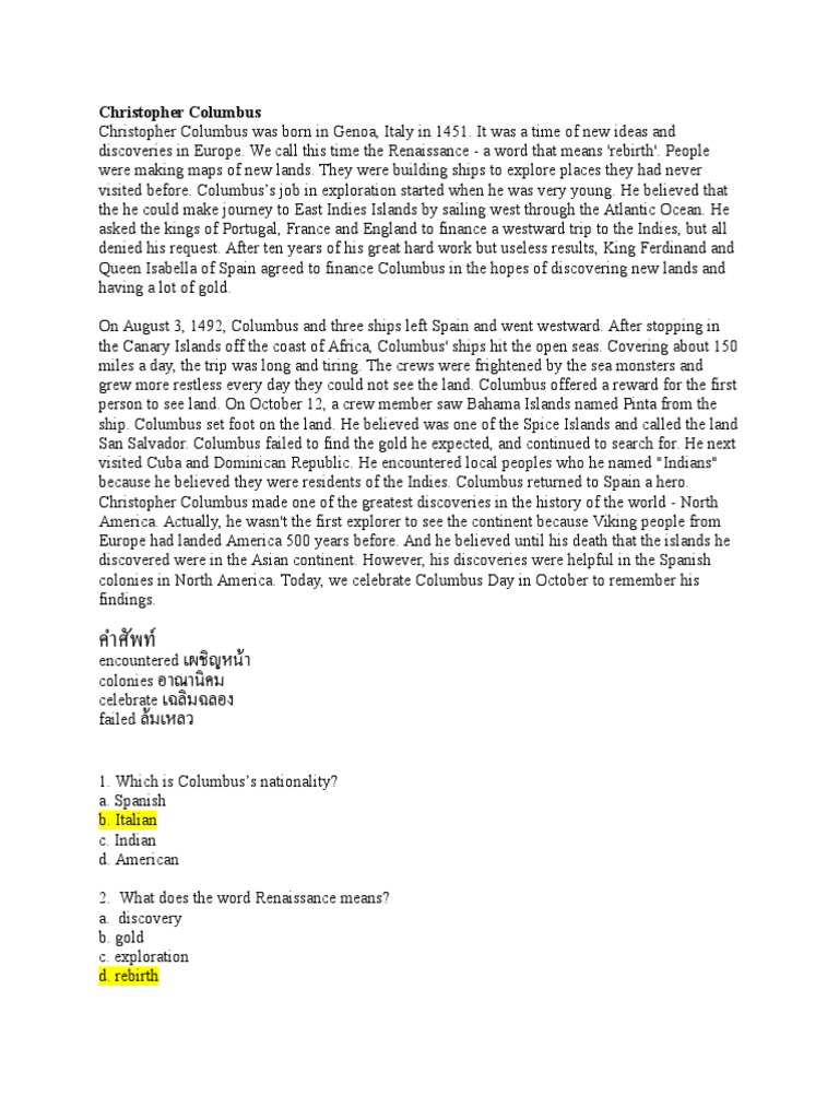 Reading Passage Columbus | Download Free PDF | Colonization Of The ...