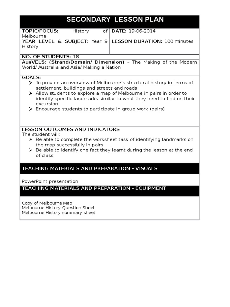 Year 9 Melbourne History Lesson Plan | PDF | Lesson Plan | Teachers