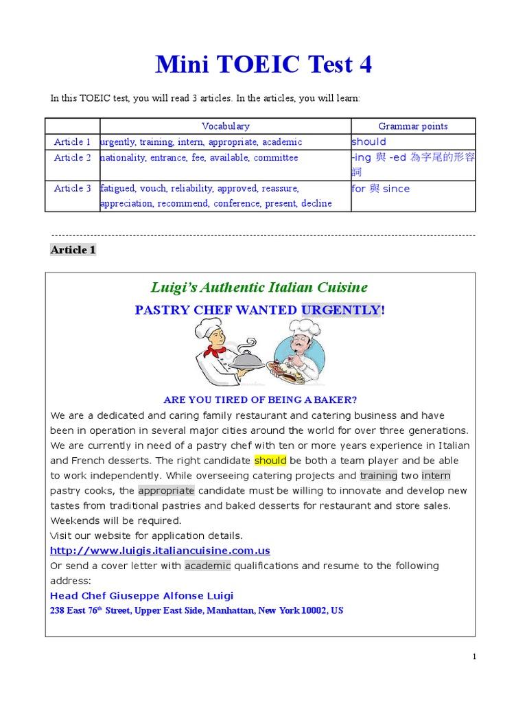 Mini TOEIC Test 4: Luigi's Authentic Italian Cuisine | PDF | Food And ...