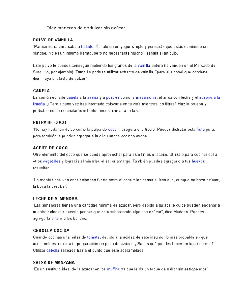 Diez Maneras de Endulzar Sin Azúcar | PDF | Postres | Preparación de ...
