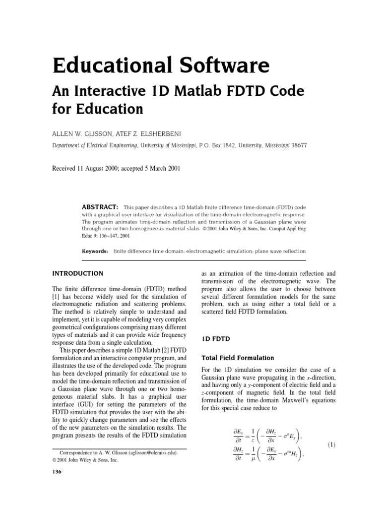 An Interactive 1D Matlab FDTD Code | PDF | Computational Electromagnetics | Computer Simulation