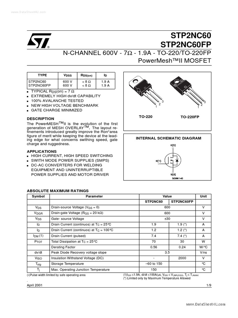 Stp2Nc60 Stp2Nc60Fp: N-Channel 600V - 7 - 1.9A - To-220/To-220Fp Powermesh™Ii Mosfet | PDF ...