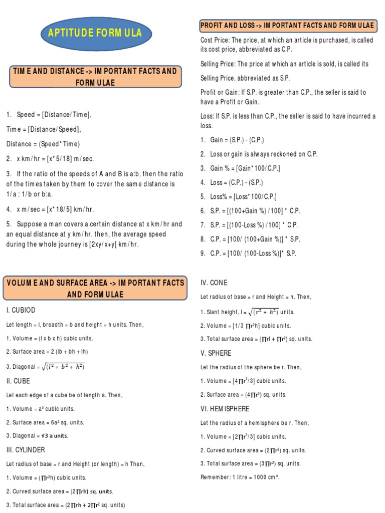 Manit Choudhary Aptitude Formula | PDF | Volume | Partnership