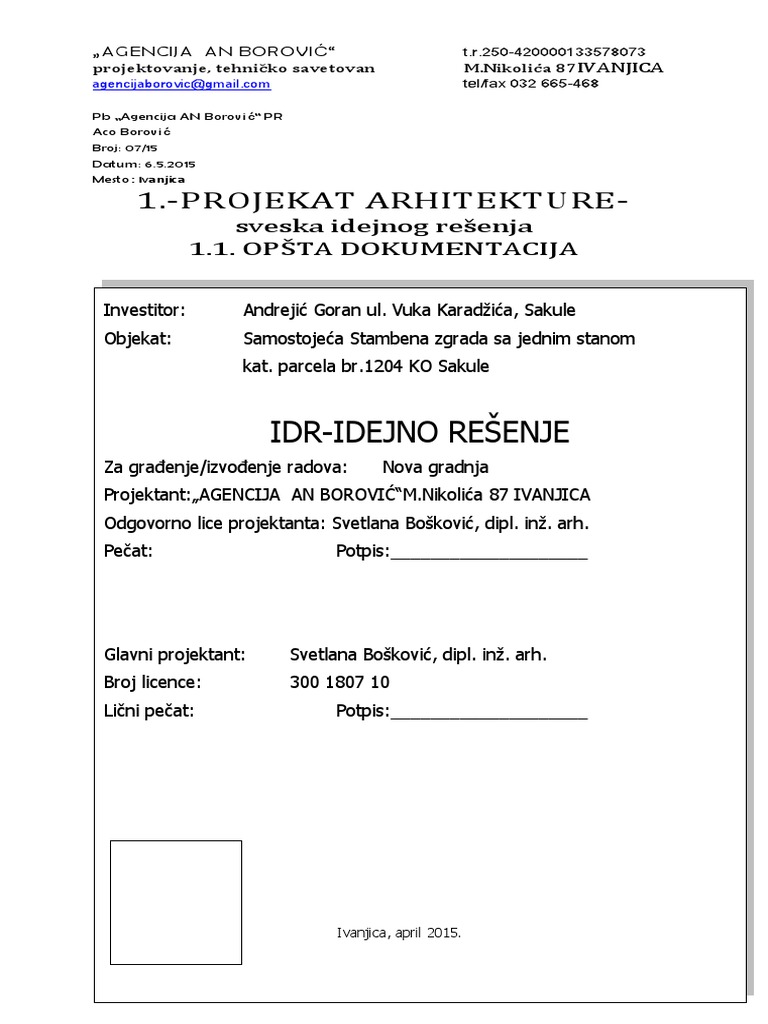 Naslovna I Sadrzaj IDEJNO RESENJE | PDF