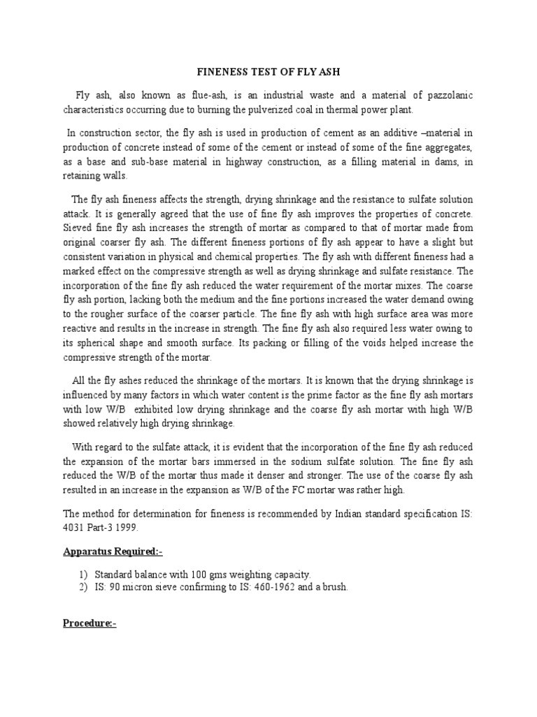 Fineness Test of Fly Ash | PDF | Fly Ash | Economic Sectors