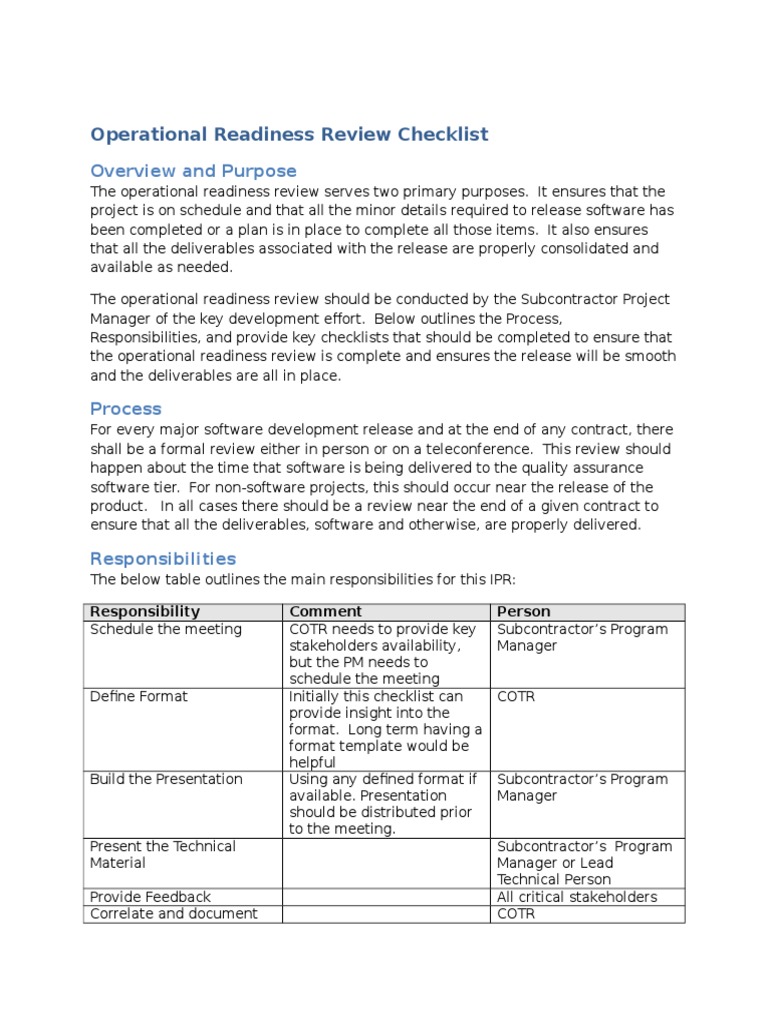 Operational Readiness Review Checklist | PDF | Risk | Business