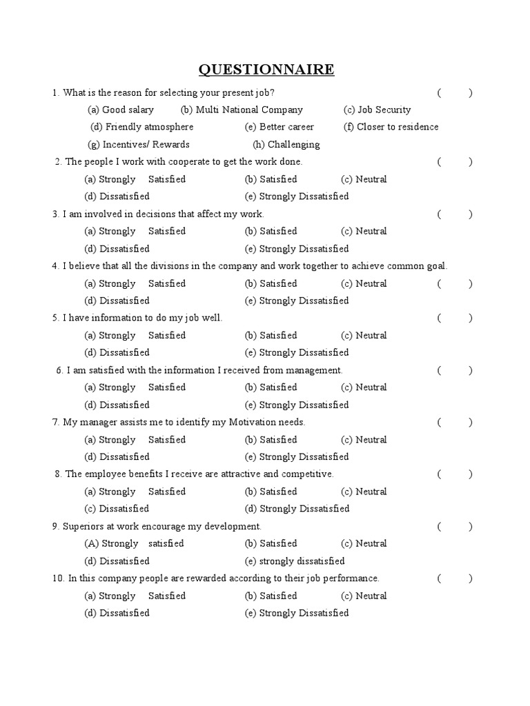 Employee Motivation Questionnaire Template | PDF | Systems Psychology ...