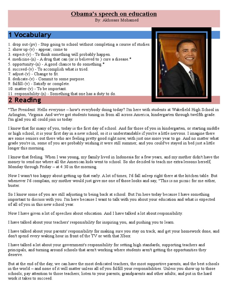 Obama’s Inspirational Education Speech | PDF | Teachers | Reading ...