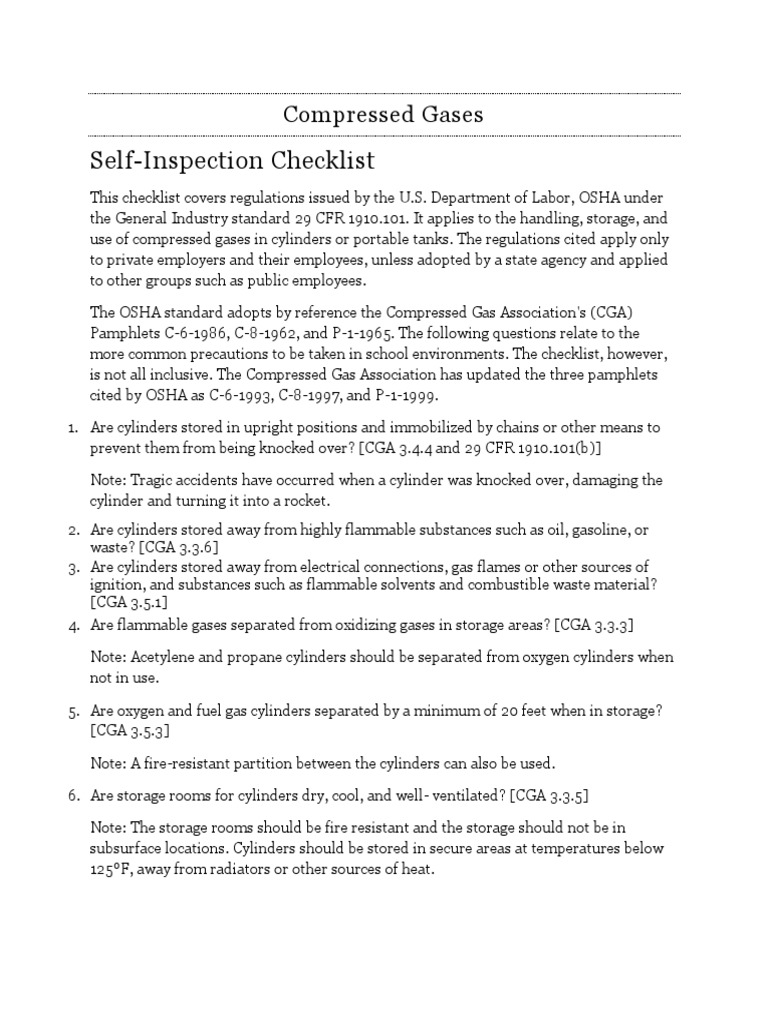 Compressed Gases Self Inspection Checklist | PDF | Gases | Chemical ...