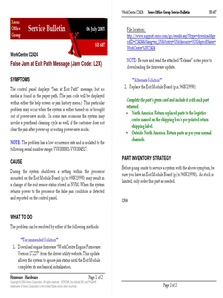 Service Bulletin: False Jam at Exit Path Message (Jam Code: L2X) | PDF