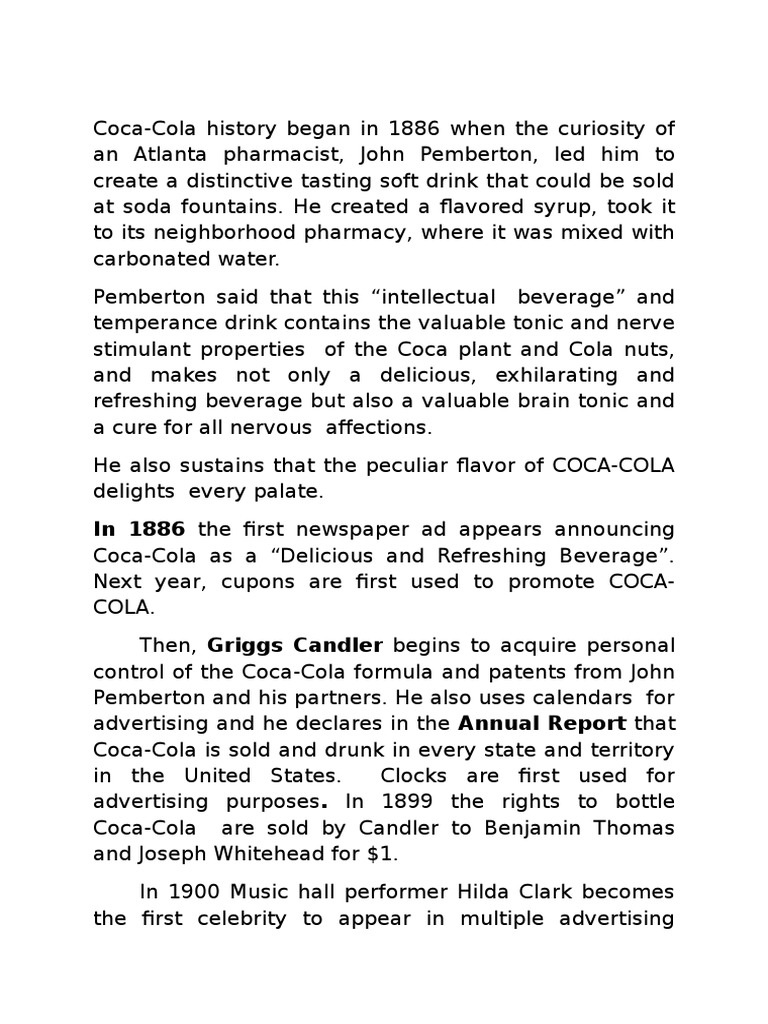 In 1886 The First Newspaper Ad Appears Announcing | PDF | Coca Cola | Cola