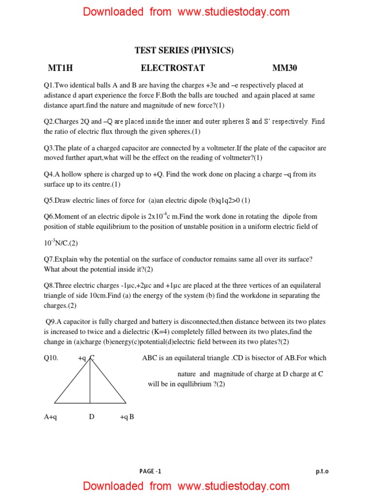CBSE Class 12 Physics Assignment - Electrostat | PDF | Capacitor ...