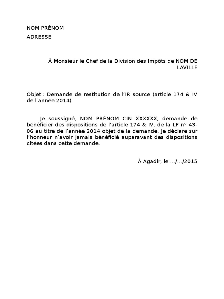 Demande Restitution IR Source Maroc | PDF