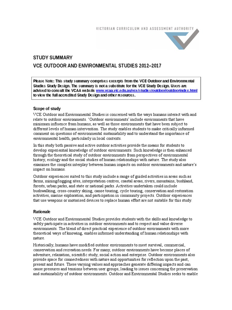 Study Summary Vce Outdoor and Environmental Studies 2012-2017 | PDF ...