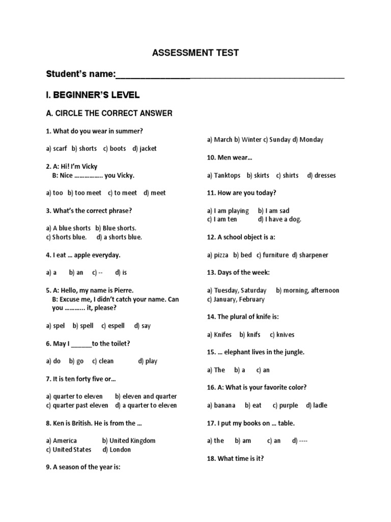 Level 1 English Assessment Test | PDF | Language Arts & Discipline ...