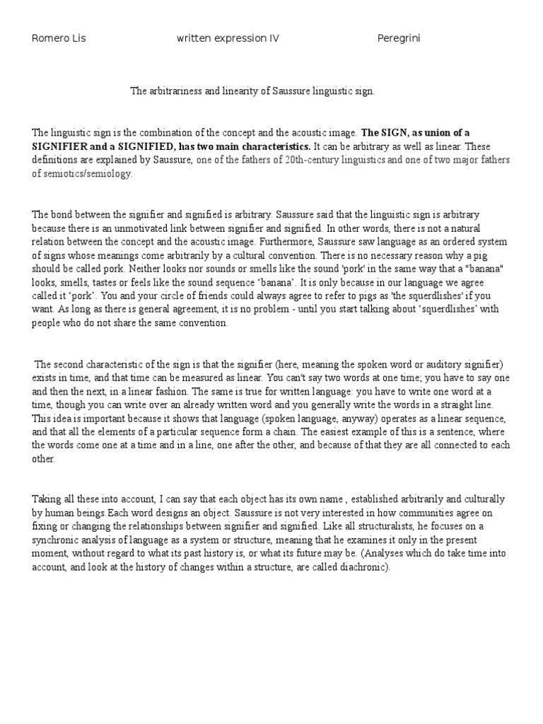The Arbitrariness and Linearity of Saussure Linguistic Sign | PDF ...