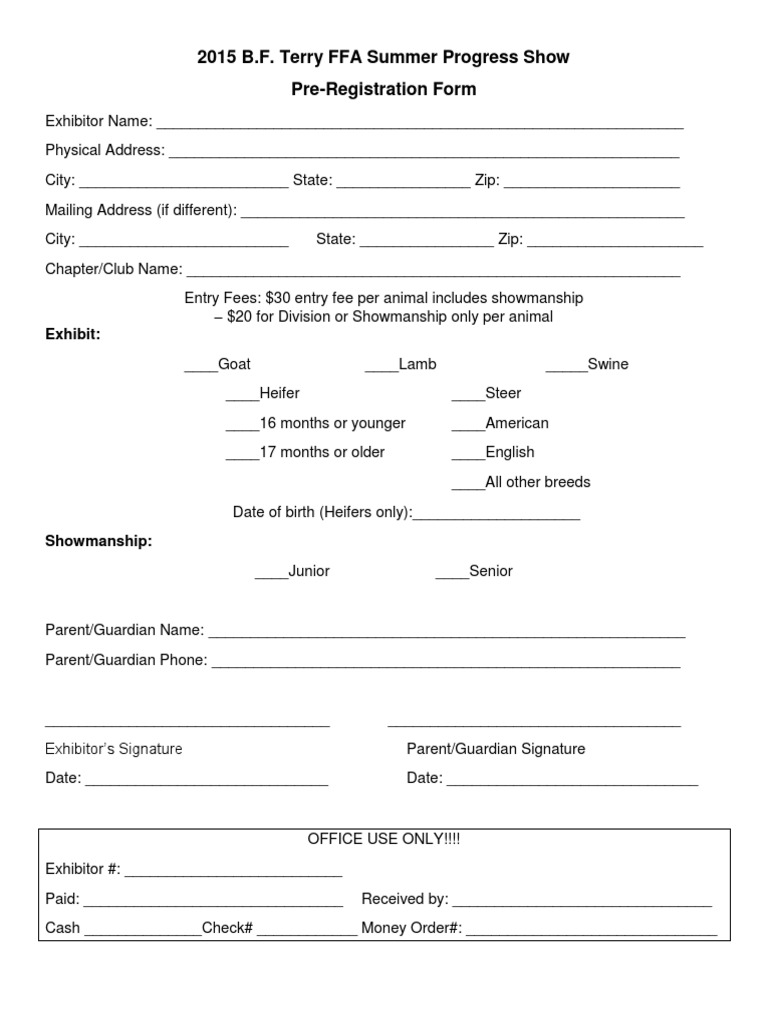 2015 FFA Summer Show Pre-Registration Form | PDF