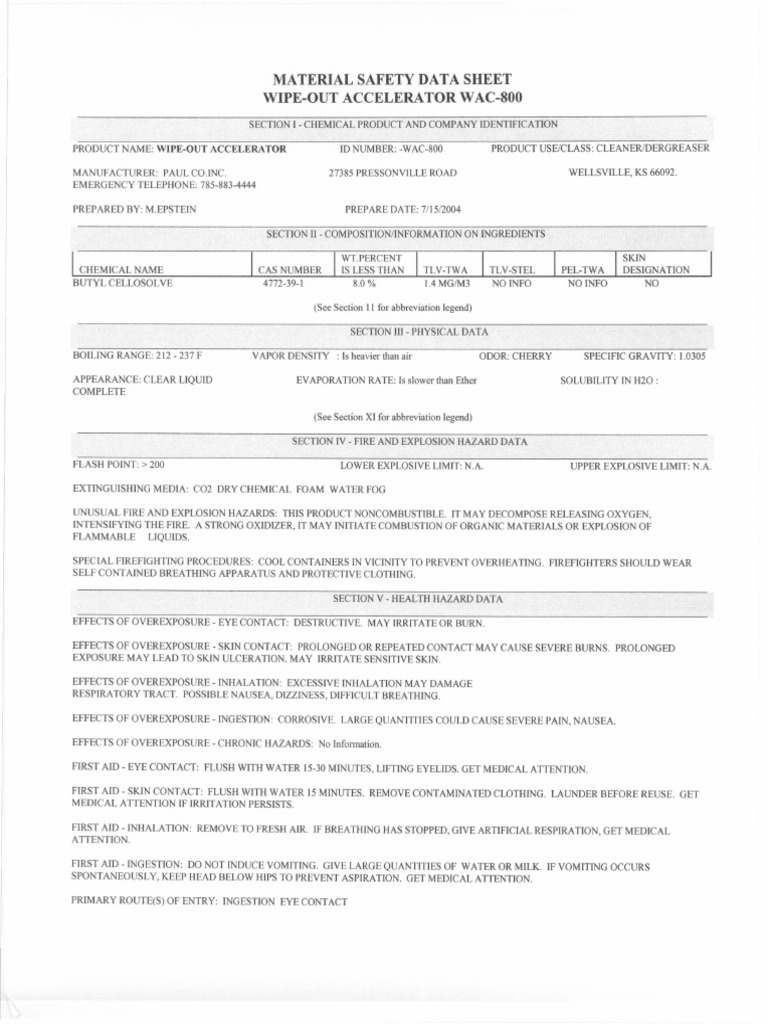 Wipe-Out Accelerator WAC-800 MSDS | PDF | Personal Protective Equipment | Safety