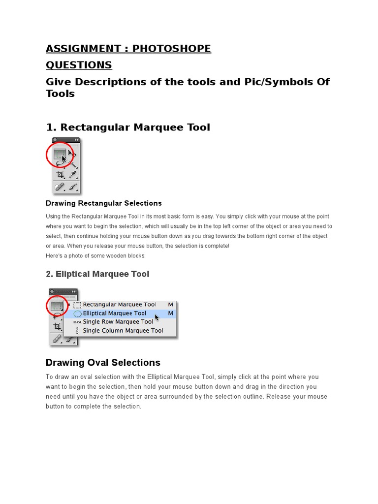 Assignment: Photoshope Questions Give Descriptions of The Tools and Pic ...