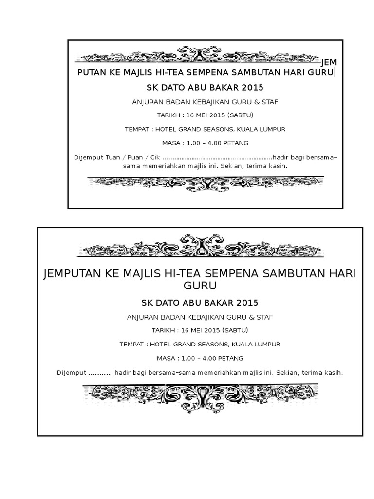 Jemputan Ke Majlis Hi-Tea Sempena Sambutan Hari Guru | PDF