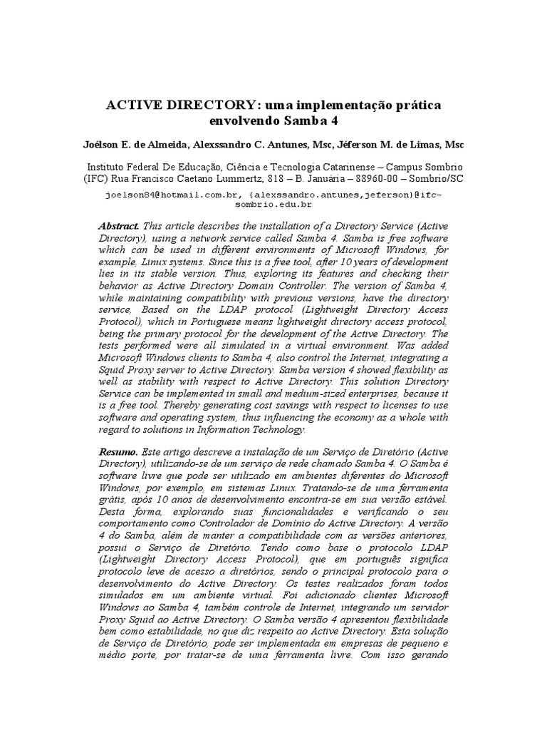 ARTIGO Samba4 | PDF | Diretório ativo | Sistema de Nomes de Domínio (DNS)