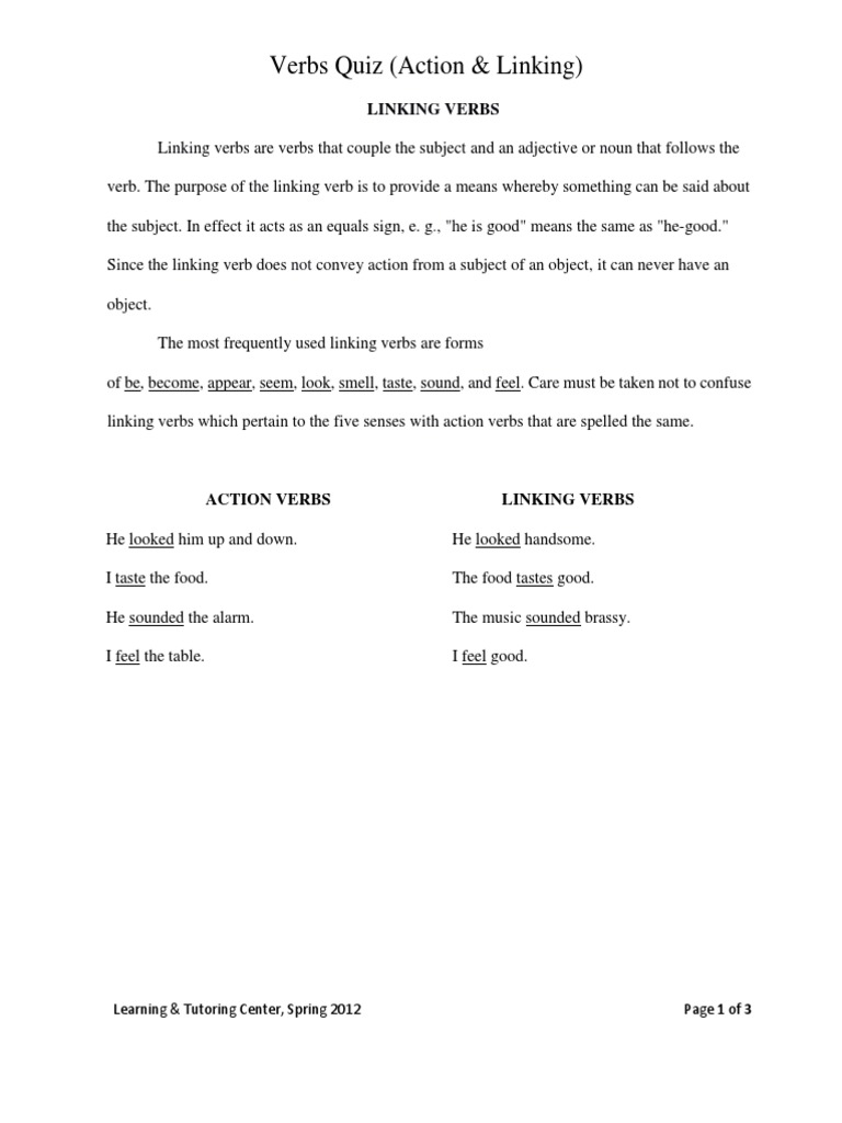 Verbs Quiz Action & Linking (Copular) | PDF | Verb | Subject (Grammar)