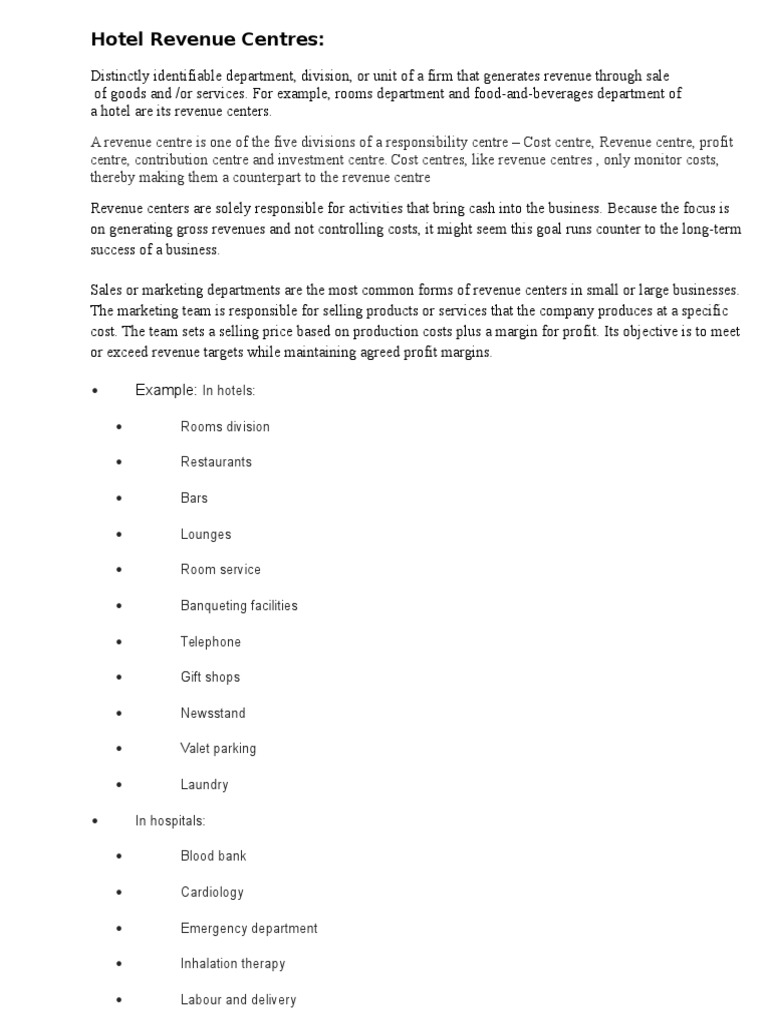 Hotel Revenue Centres in Hospitality Management | PDF | Revenue | Marketing