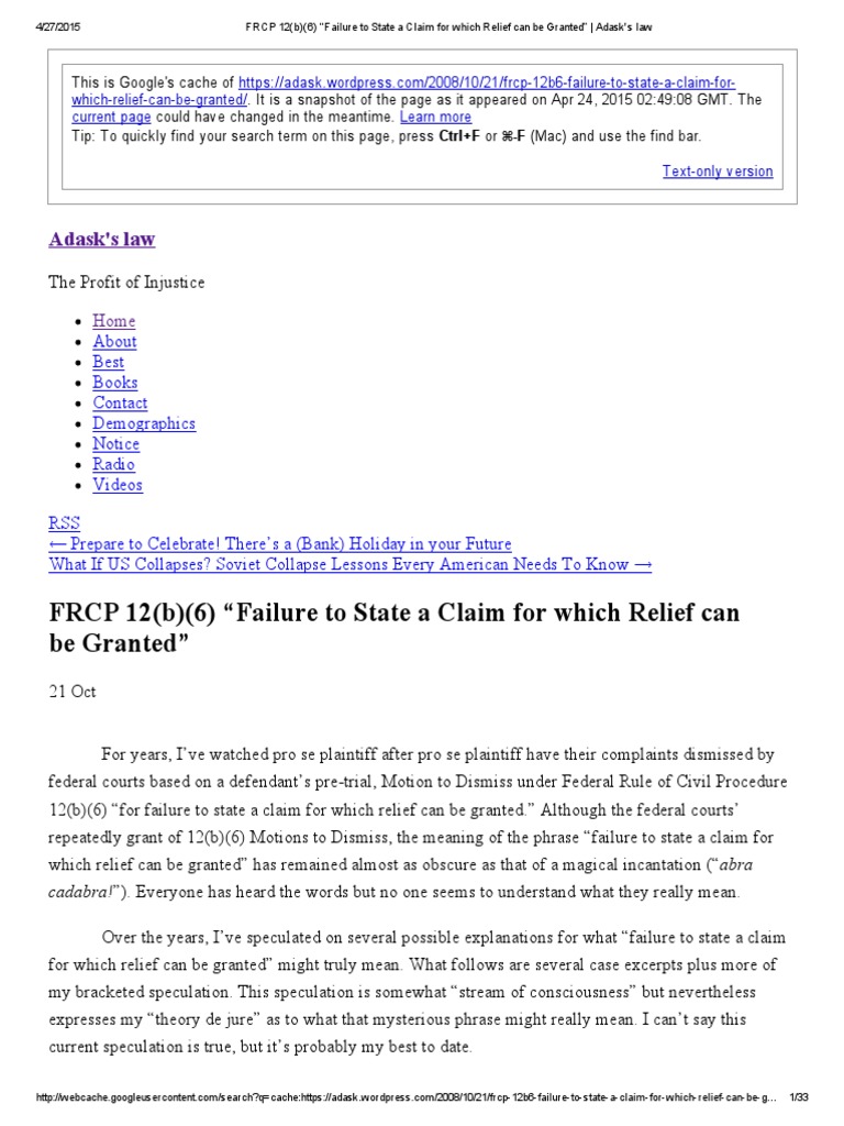 FRCP 12 (B) (6) "Failure To State A Claim For Which Relief Can Be ...