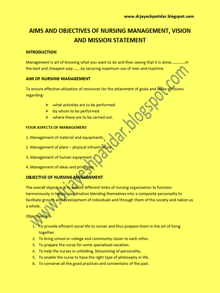 Aims and Objectives of Nursing Management, Vision and Mission Statement ...