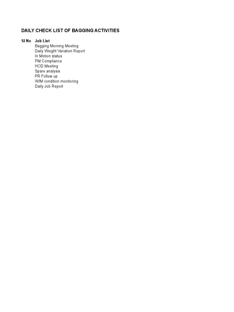 Daily Check List of Bagging Activities | PDF