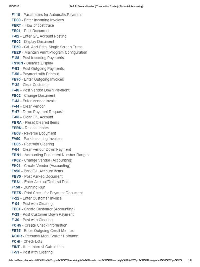 SAP FI General Tcodes (Transaction Codes) (Financial Accounting) | PDF ...