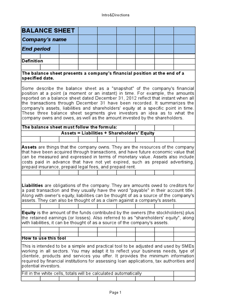 Balance Sheet: Company's Name End Period | PDF | Balance Sheet | Equity ...