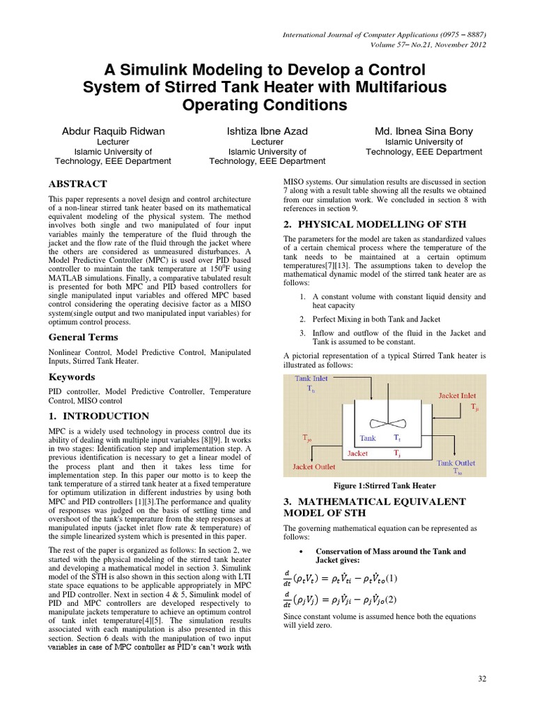 A Simulink Modeling To Develop A Control System of Stirred Tank Heater ...