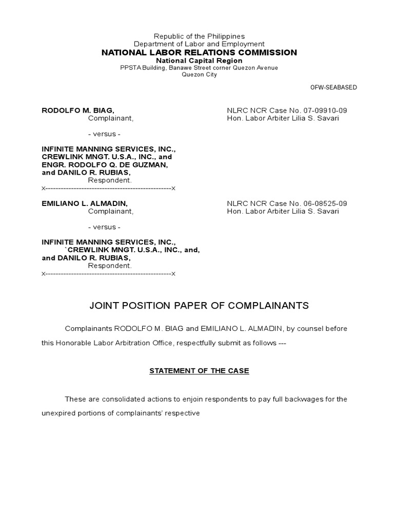 National Labor Relations Commission: Joint Position Paper of ...