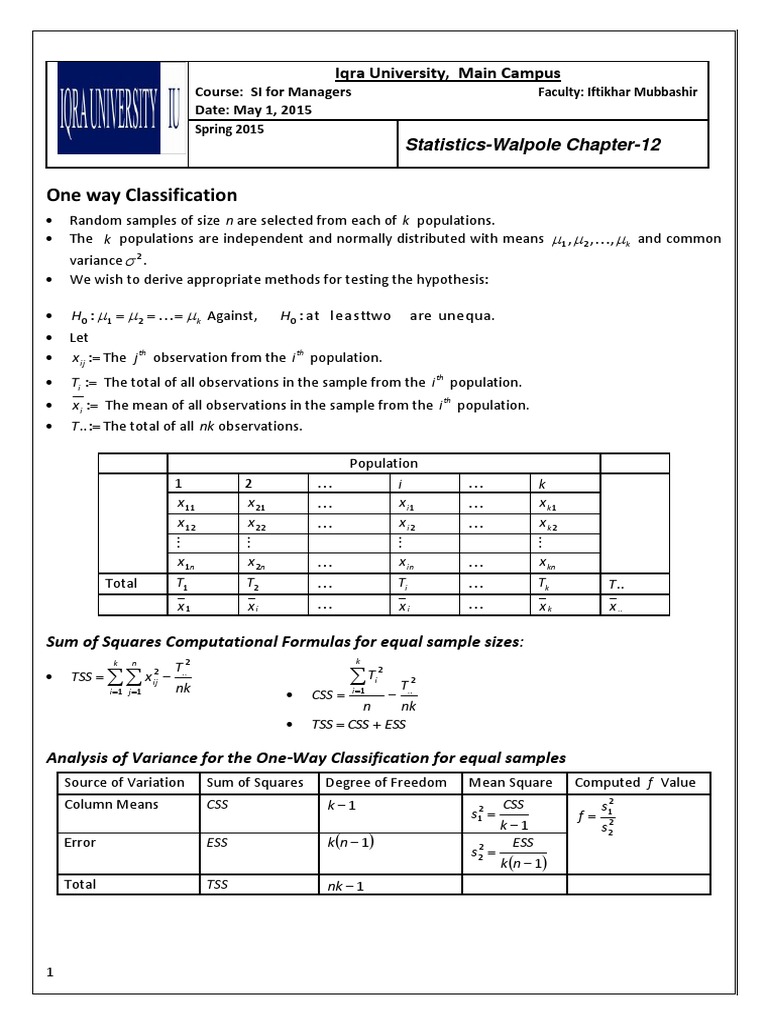 One Way Classification: Statistics-Walpole Chapter-12 | PDF | Mean ...