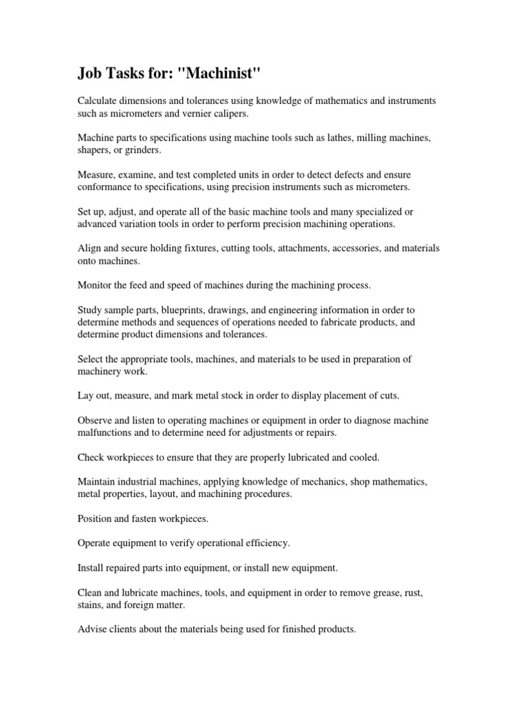 Job Description of Machinist | PDF | Machinist | Machining