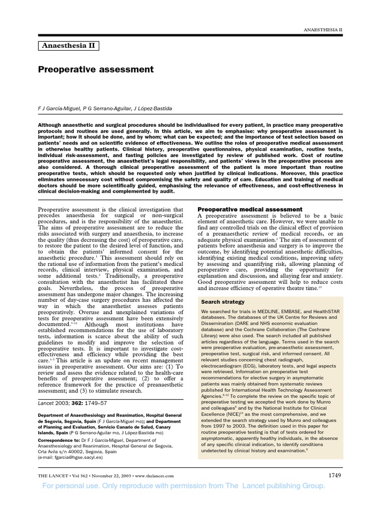 Preoperative Assessment | PDF | Anesthesiologist | Anesthesia