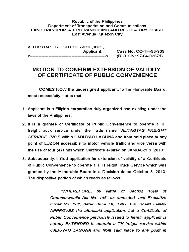 Motion To Confirm Extension of Validity of Certificate of Public ...