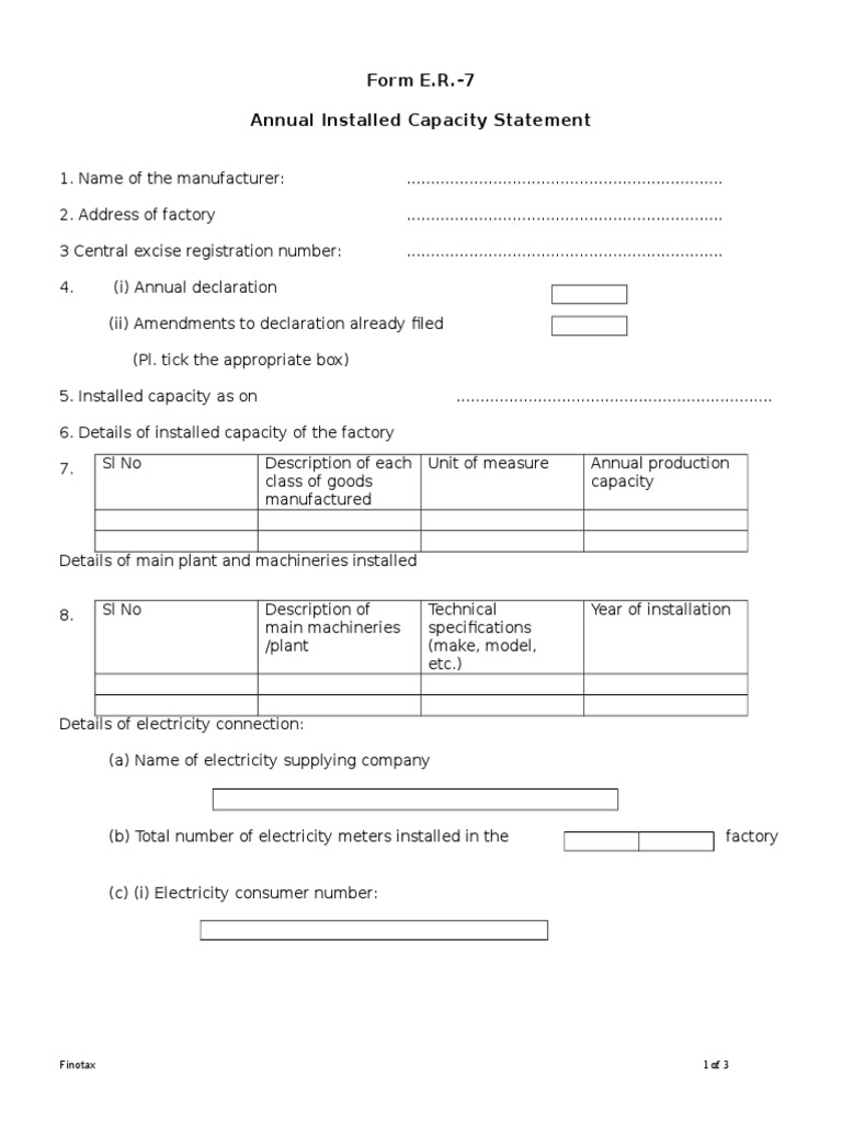Form E.R.-7 Annual Installed Capacity Statement: Finotax 1 of 3 | PDF ...