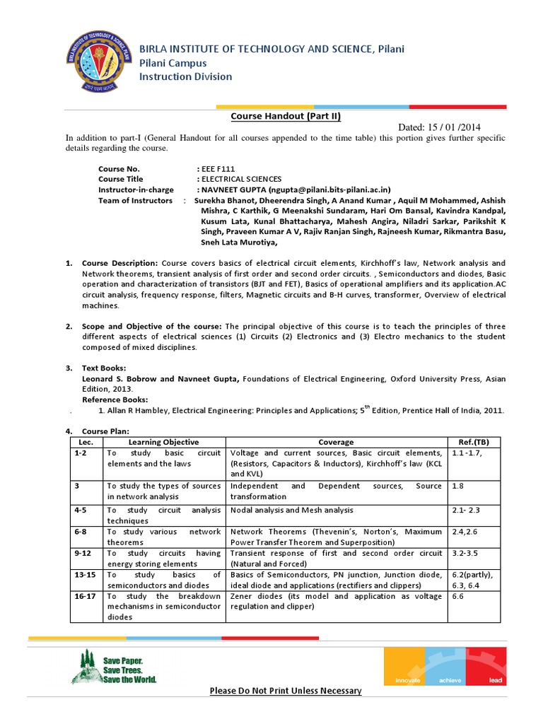 EEE F111 Handout | PDF | Network Analysis (Electrical Circuits ...