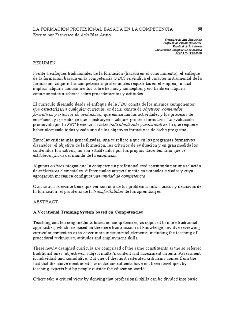 La Formación Profesional Basada en La Competencia PDF | PDF ...