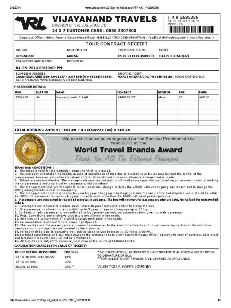 VRL Bus Ticket Confirmation Receipt | PDF | Baggage | Domestic Implements