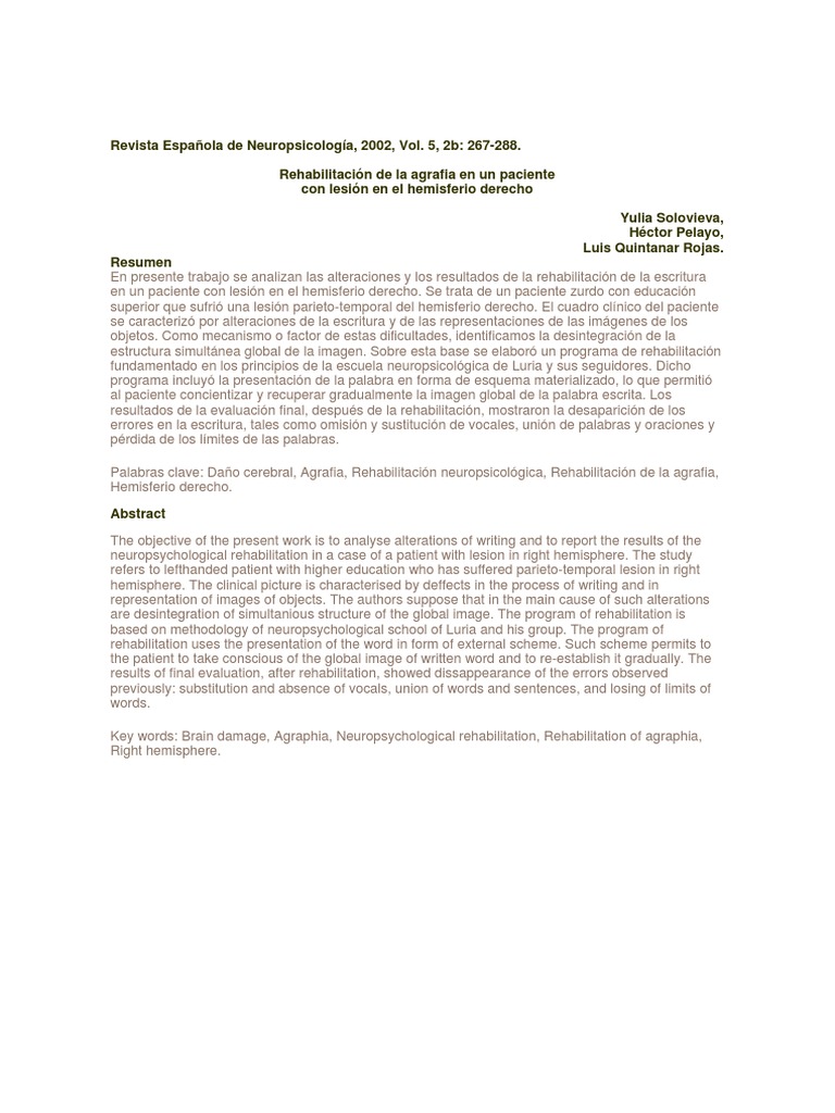 Rehabilitacion de La Agrafia | PDF | Cerebro | Neurociencia conductual