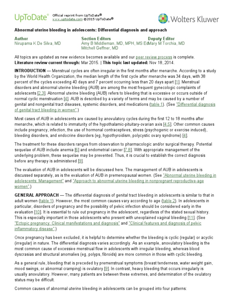 Abnormal Uterine Bleeding in Adolescents - Differential Diagnosis and ...