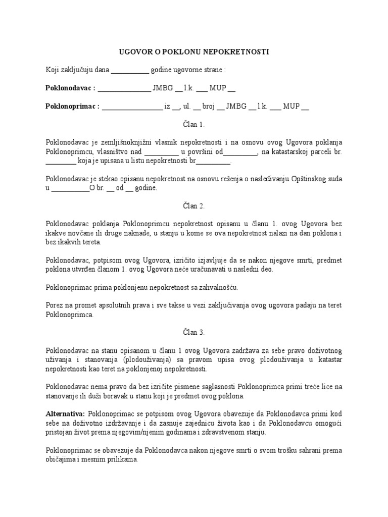 Ugovor o Poklonu Nepokretnosti | PDF