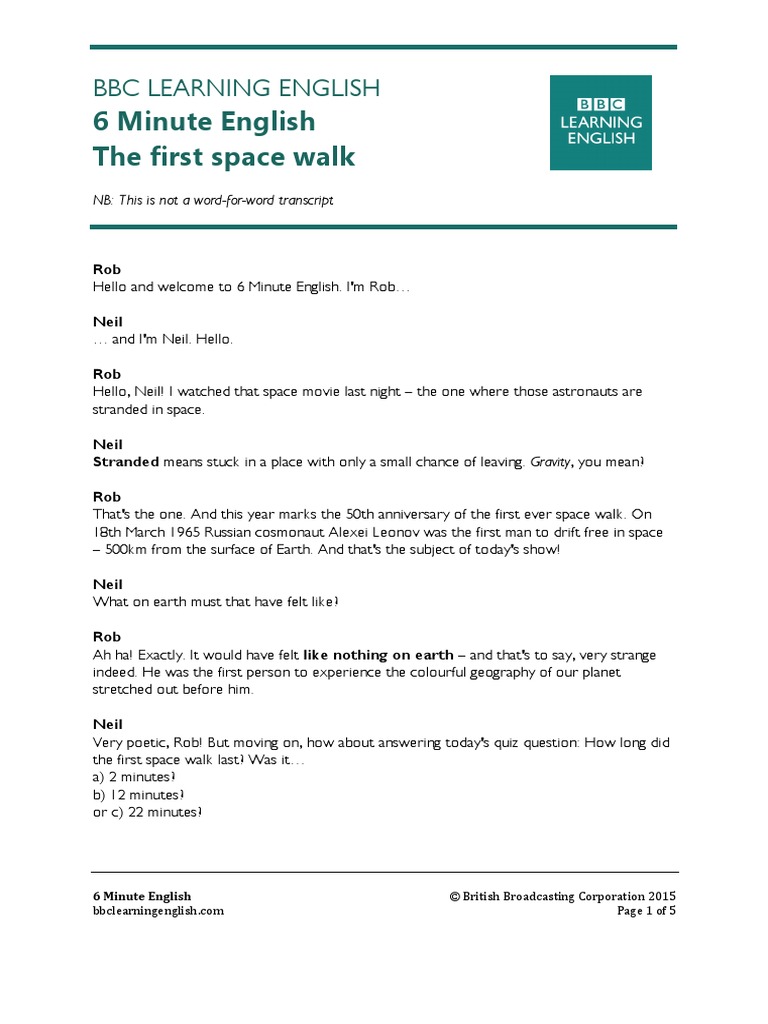 6 Minute English The First Space Walk | PDF | Extravehicular Activity ...