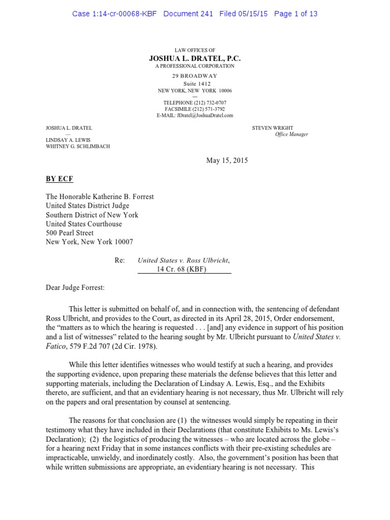 Ulbricht Sentencing Defense Letter | Substance Abuse | Causality